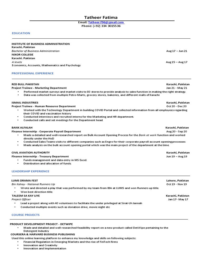 Tatheer Resume 2022 | PDF | Business | Economies