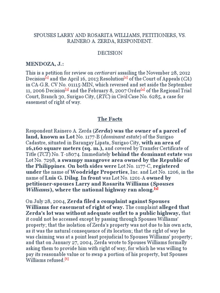 SPOUSES WILLIAMS V Zerda | Download Free PDF | Easement | Complaint