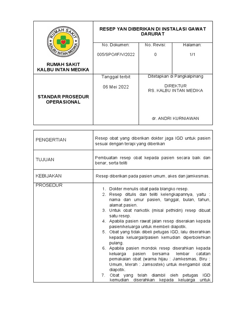 Prosedur Resep IGD RS Kalbu Intan Medika | PDF | Sains & Matematika