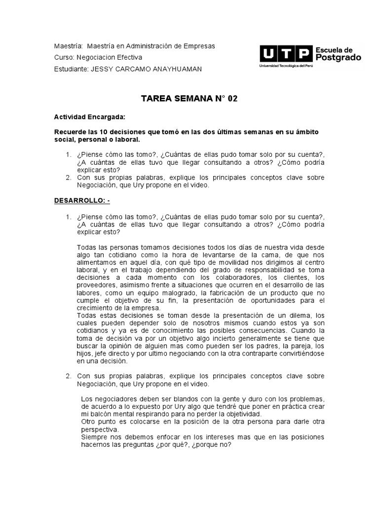 Tarea - Semana02 - Jessy Carcamo | PDF | Negociación | Cognición