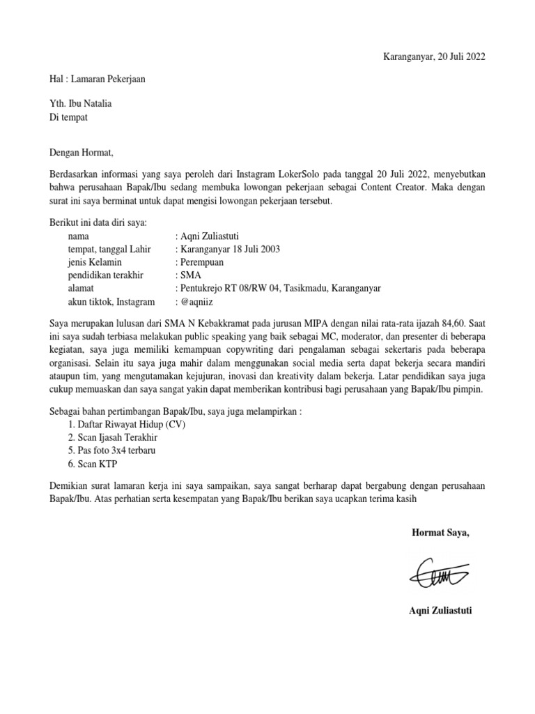 Surat Lamaran - Aqni - Content Creator | PDF