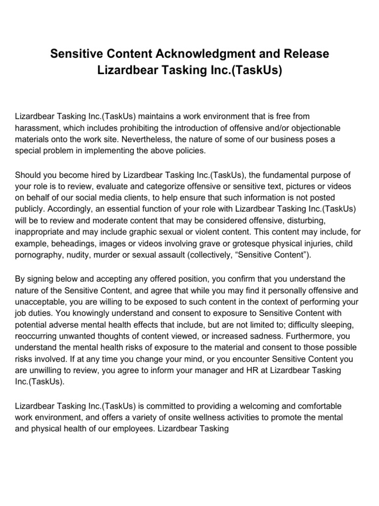 Sensitive Content Acknowledgment and Release Lizardbear Tasking Inc ...