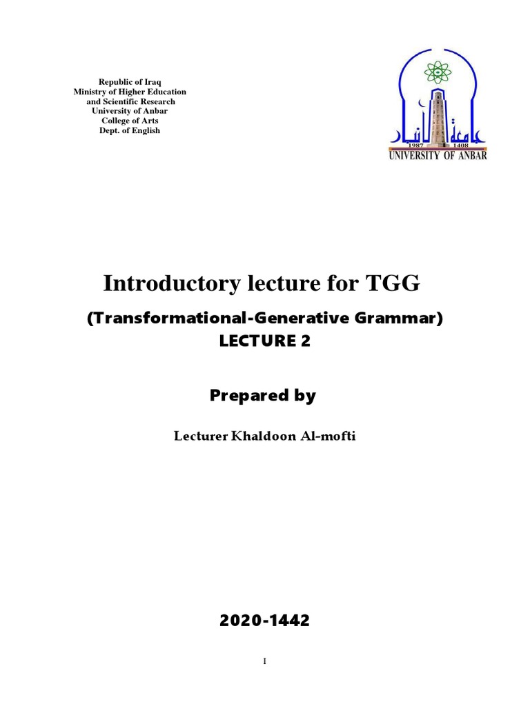 Introductory Lecture For TGG: (Transformational-Generative Grammar ...