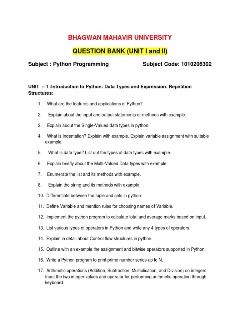 Question Bank - Python | PDF | Python (Programming Language) | Control Flow Question Bank - Python | PDF | Python (Programming Language) | Control Flow