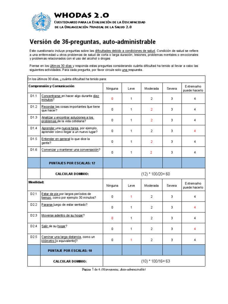 Whodas 2.0 Aplicar | PDF | Cuestionario | Sicología