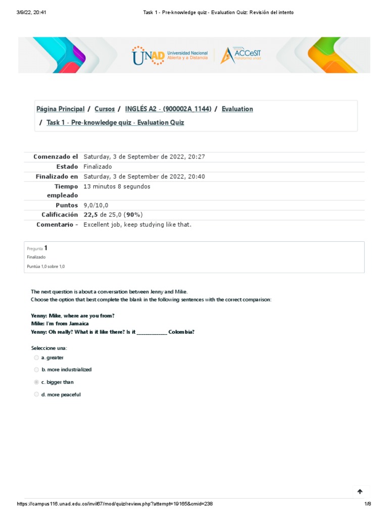 Task 1 - Pre-Knowledge Quiz - Evaluation Quiz - Revisión Del Intento | PDF