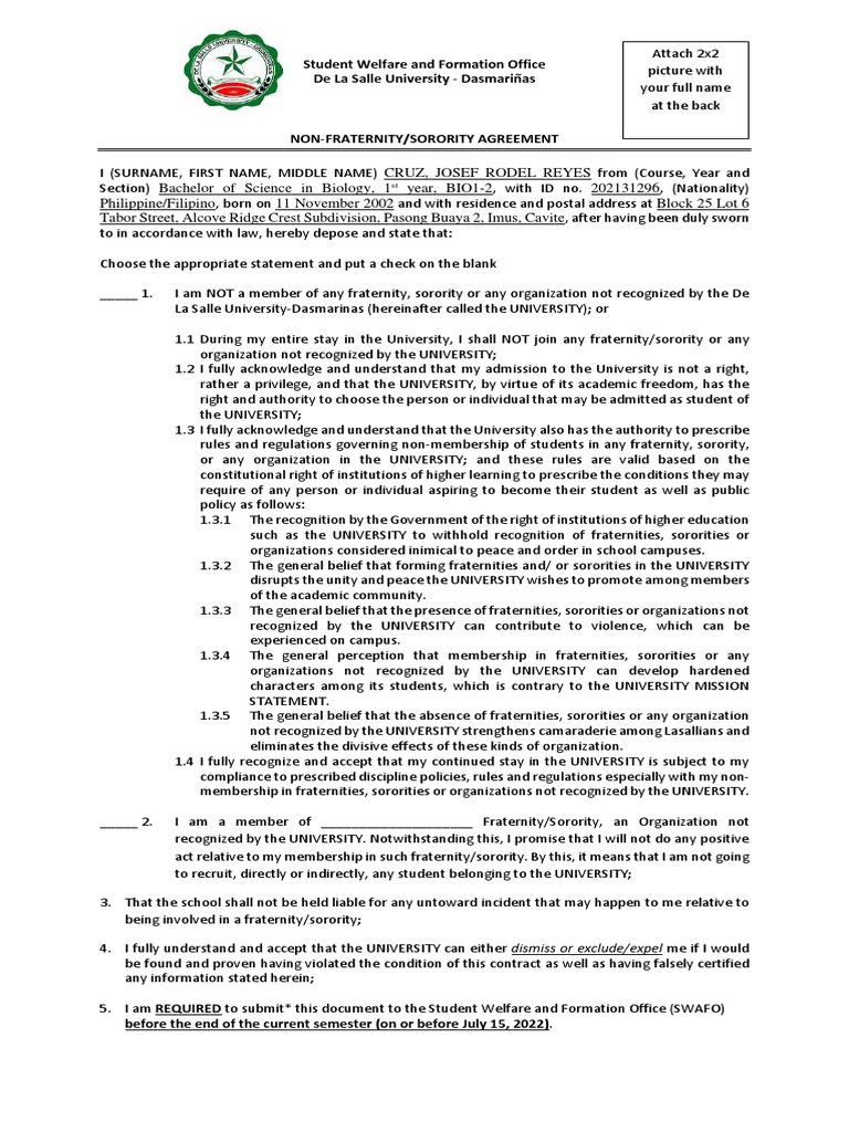 Non Frat Soro Agreement Swafo 2022 Revised | PDF | Fraternities And ...