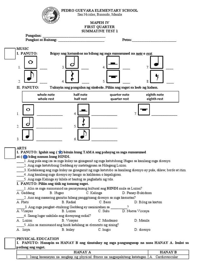 Mapeh 4 - Summative Test 1 (Q1) | PDF