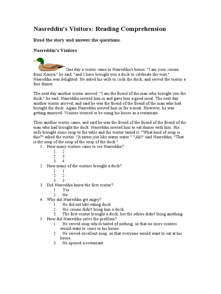 Nasreddin's Visitors Reading Comprehension | PDF
