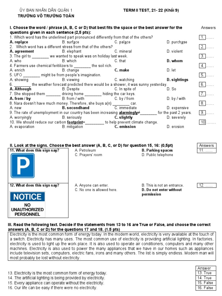 VTT - Form 2 - de TK HK Ii - Key - Khoi 9 - 21-22 | PDF | Pathogen