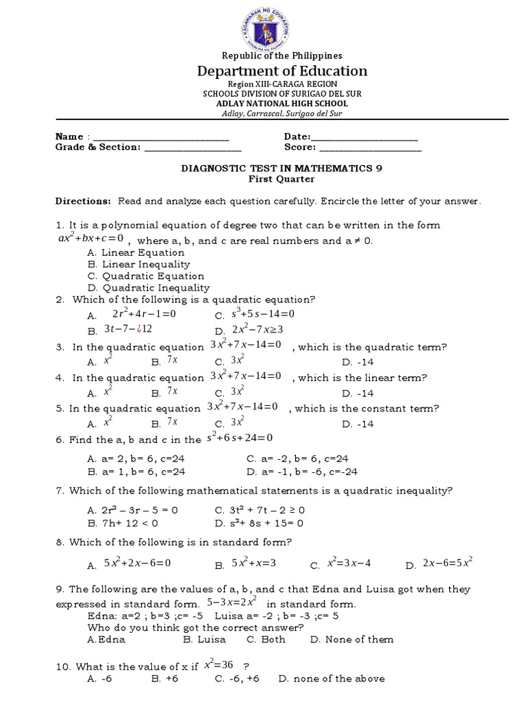 First DIAGNOSTIC TEST MATH 9 | PDF | Equations | Quadratic Equation