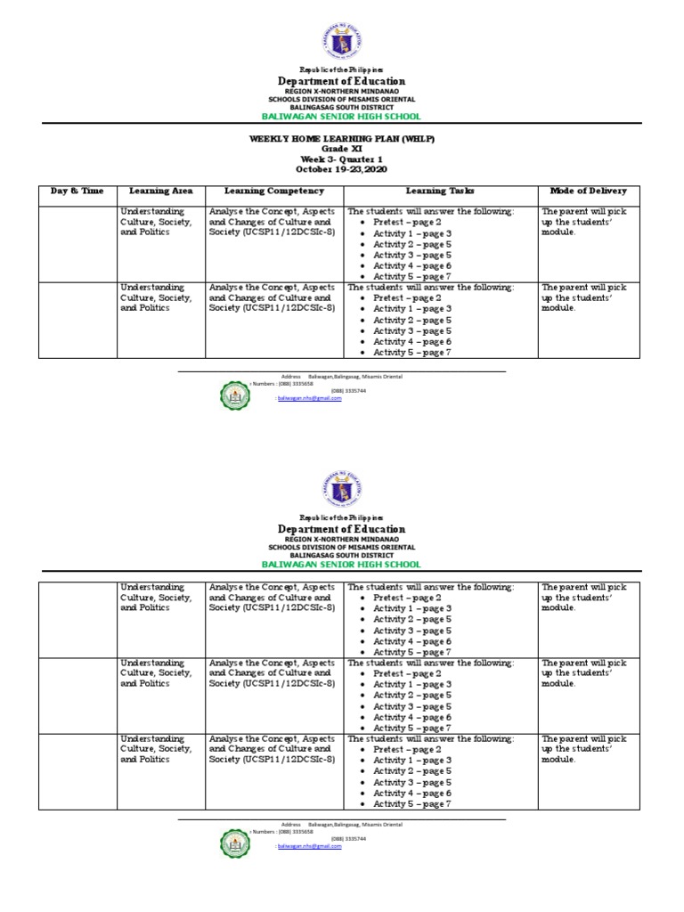 Weekly Home Learning Plan UCSP Week 3 | PDF Weekly Home Learning Plan UCSP Week 3 | PDF