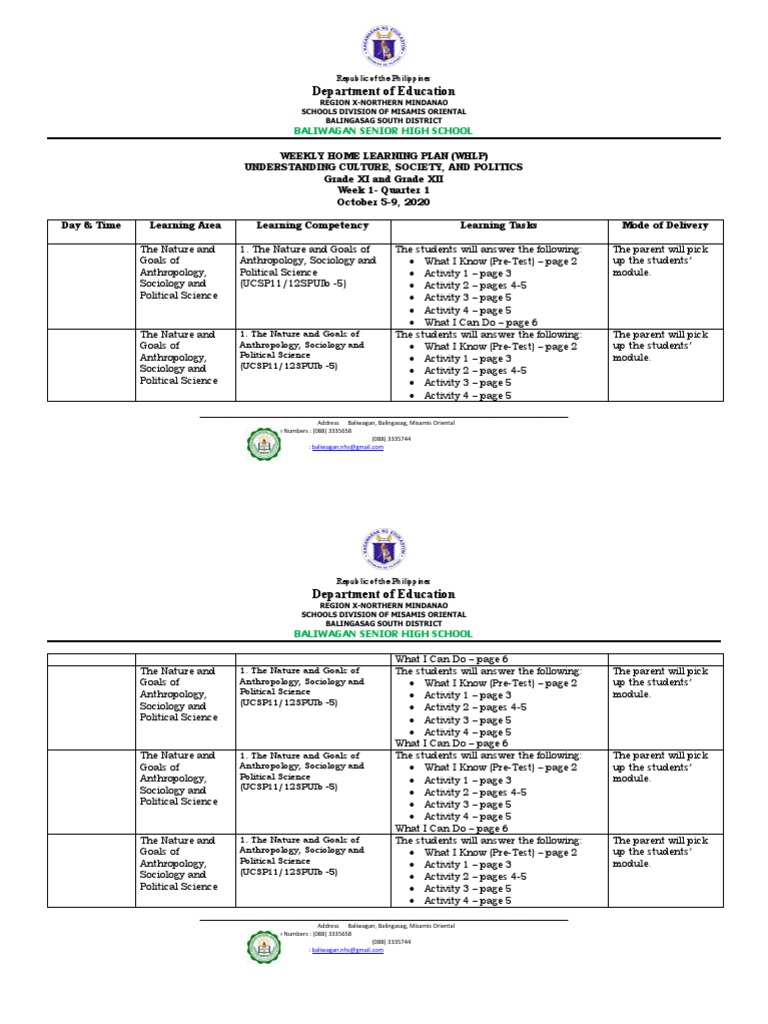 Weekly-Home-Learning-Plan - UCSP - Week 1 | PDF