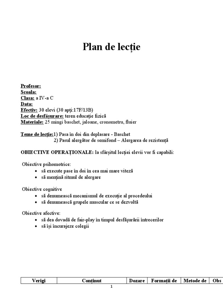 Plan de Lectie 4c Pase in Doi Baschet Alergare Rezistenta | PDF