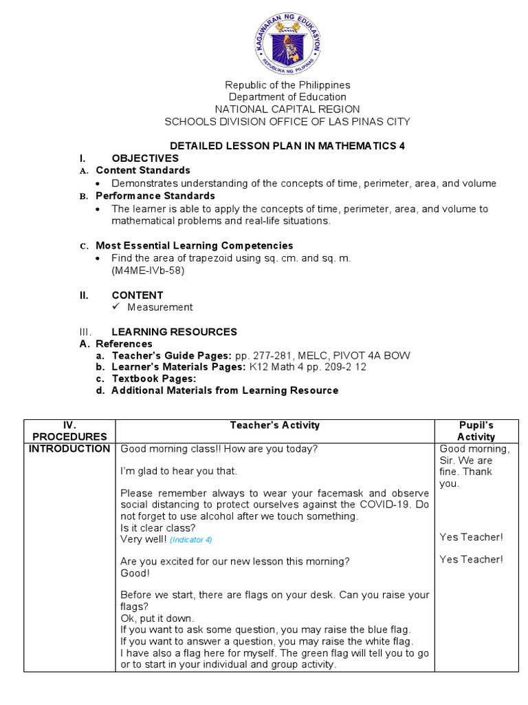 Grade 4 Trapezoid Lesson Plan | PDF | Area | Foot (Unit)
