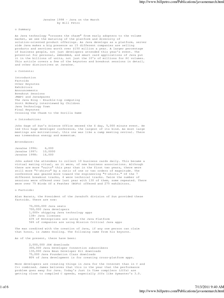 Java on the March: JavaOne 1998 Conference Highlights Rapid Growth and ...