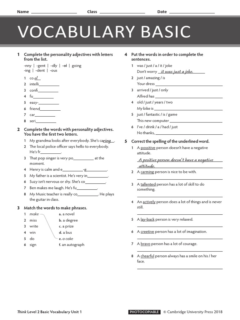 Think - l2 - Unit 1 - Vocabulary - Basic | PDF | Linguistics