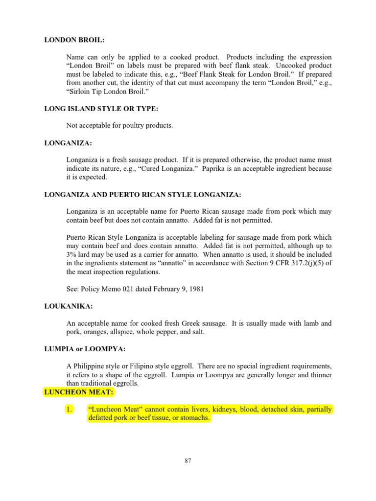 Luncheon Meat Definition and Standards | PDF | Sausage | Beef