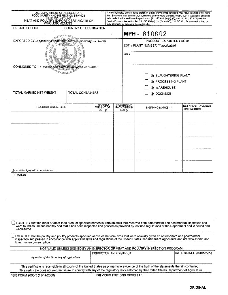 USDA Export Certificate of Wholesomeness - Form 9060-5 | PDF
