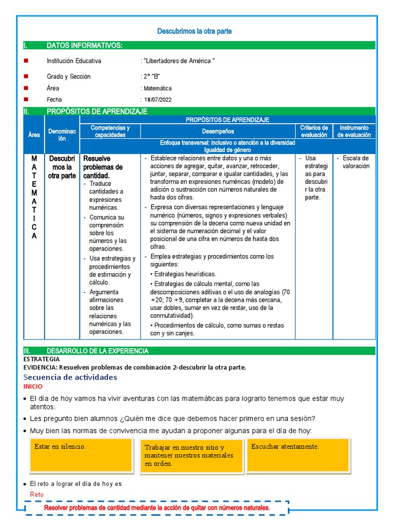 2° SESION MAT Descubrimos La Motra Parte | PDF | Evaluación | Sustracción