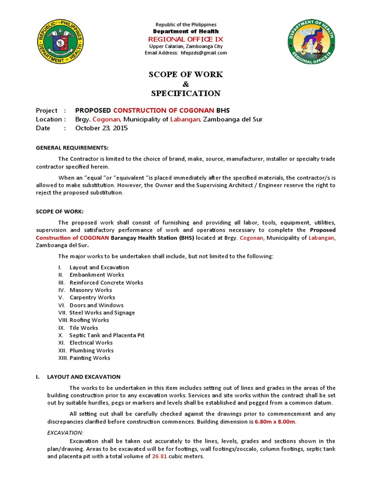 Labangan - Cogonan BHS - Scope of Work | PDF | Concrete | Plumbing