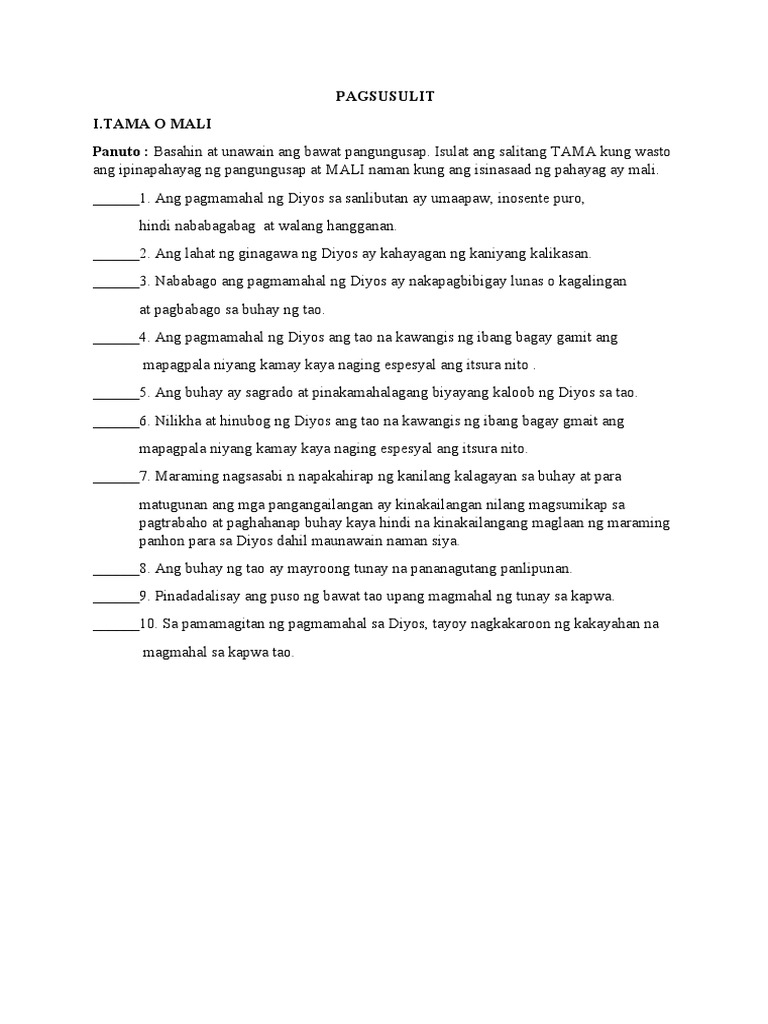 Pagsusulit I.Tama O Mali Panuto: Basahin at Unawain Ang Bawat Pangungusap. Isulat Ang Salitang ...