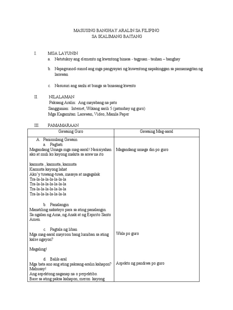 Banghay Aralin Sa Filipino 5 | PDF
