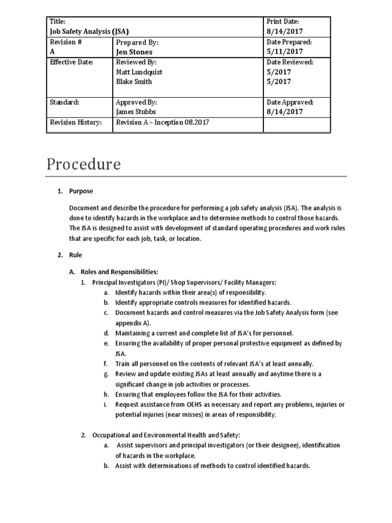 Job Safety Analysis SOP Rev A 08.2017 | PDF | Occupational Safety And ...