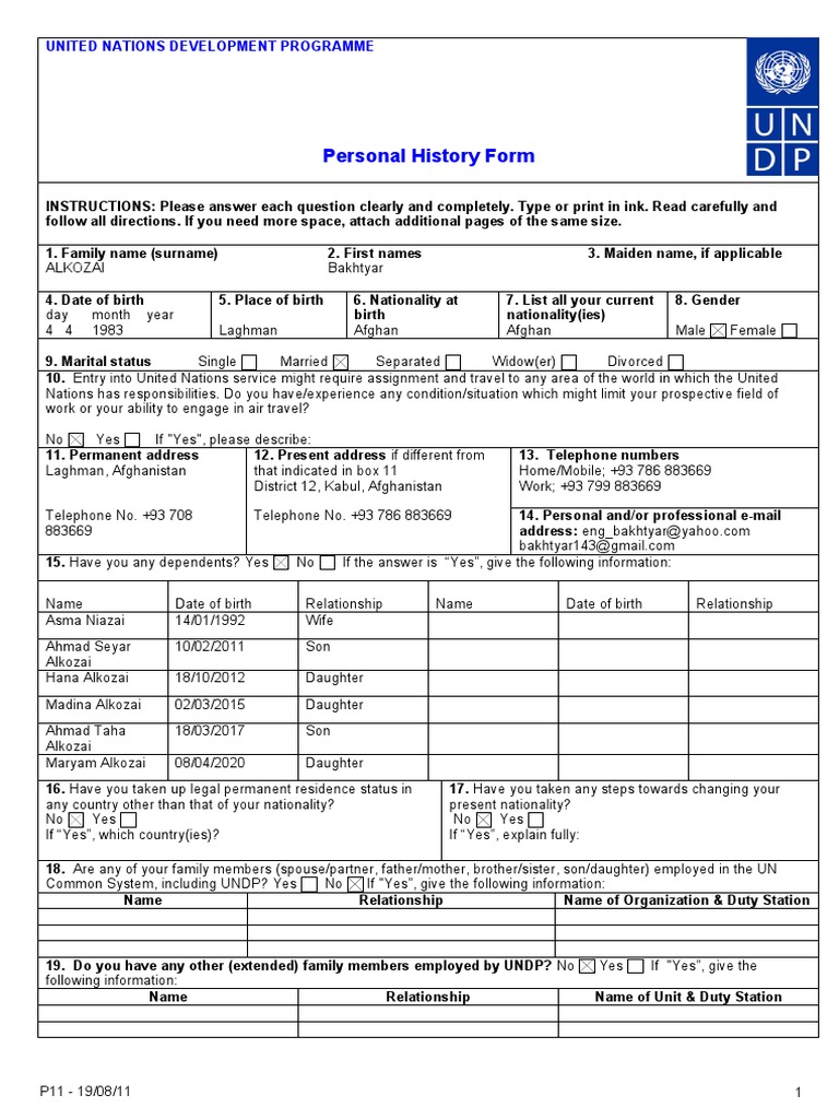 P11 Personal History Form Bakhtyar Alkozai | PDF | Diploma | Academic ...
