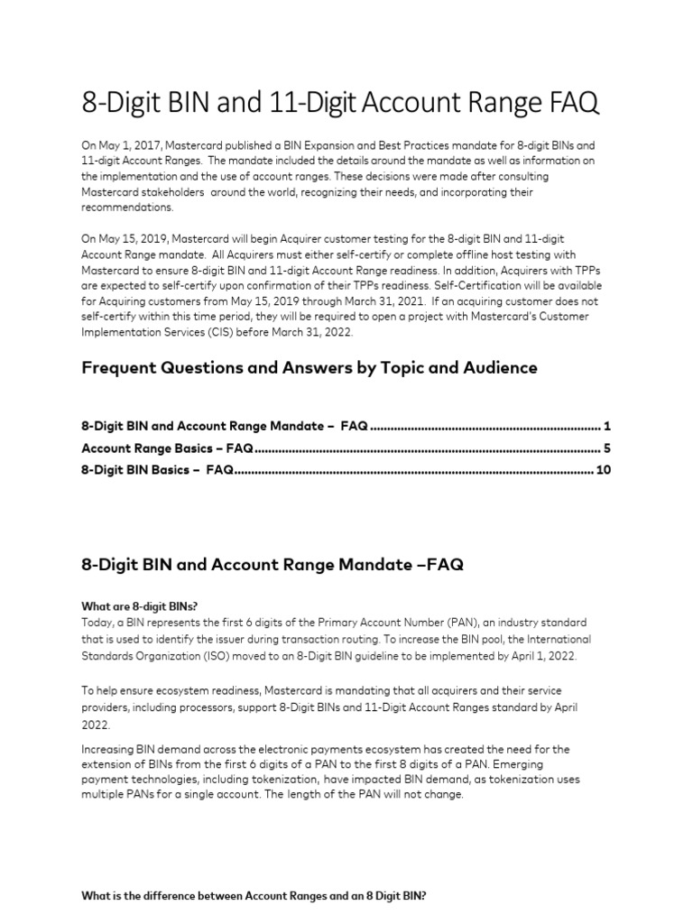 8-Digit BIN and 11-Digit Account Range FAQ | PDF | Master Card | Computing