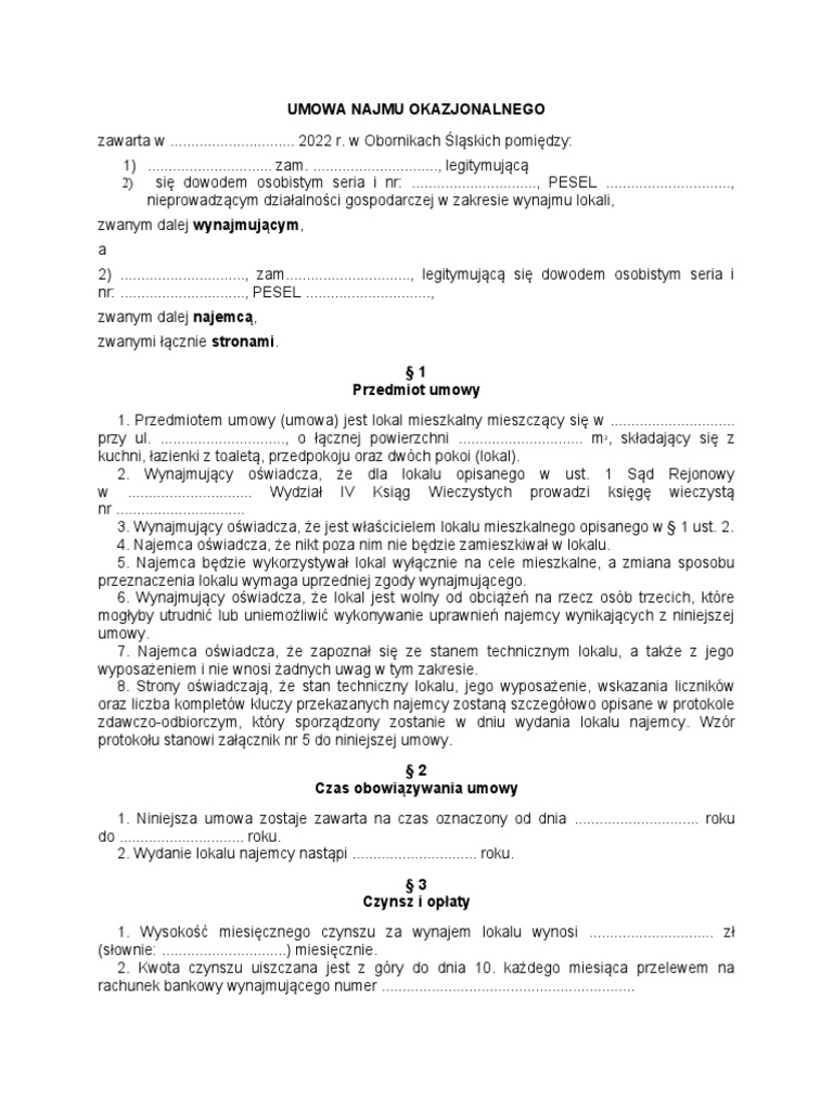 Wzor Najem Okazjonalny Umowa | PDF Wzor Najem Okazjonalny Umowa | PDF