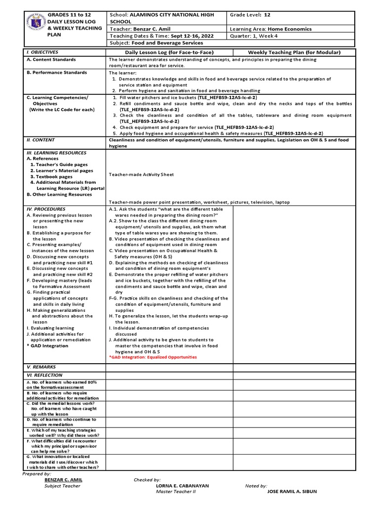 Sample-DLL-WTP-SHS wk4 | PDF | Learning | Hygiene