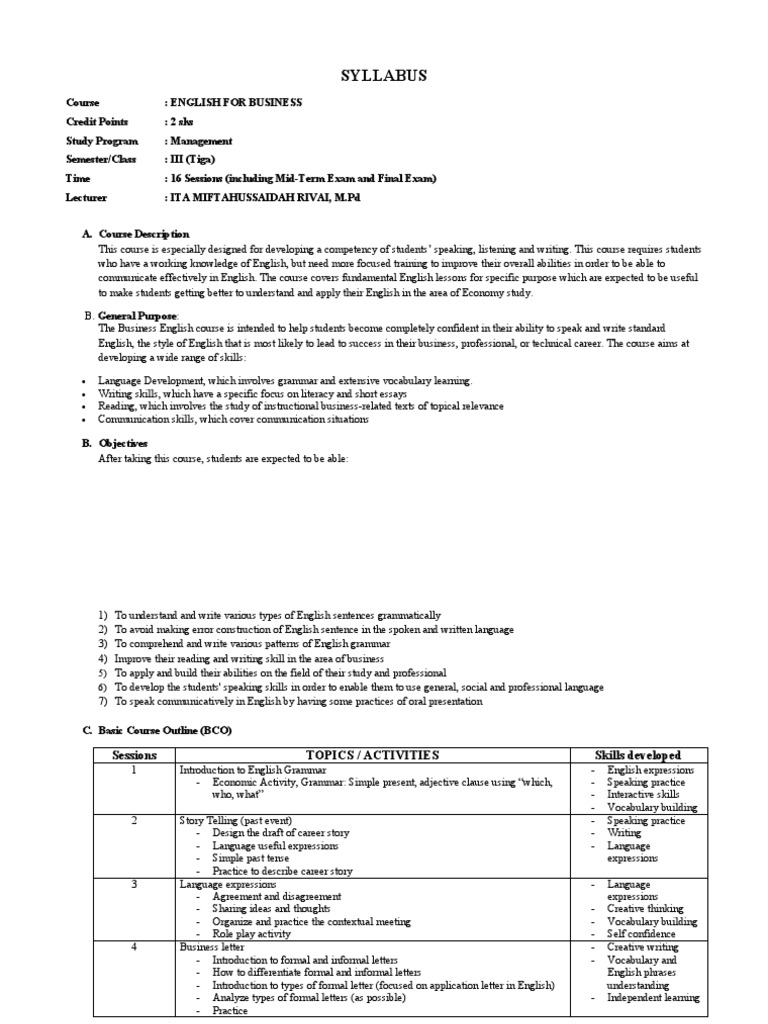 Business English Course Syllabus | PDF | English Language | Test ...