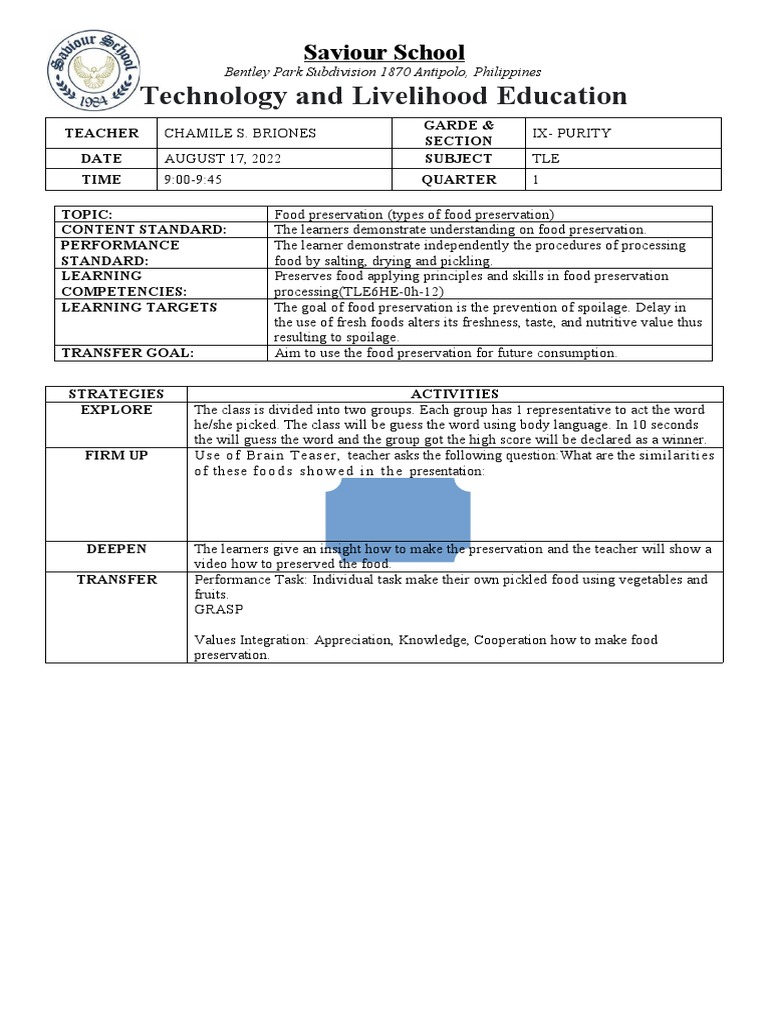 LP-Format-EFDT TLE 7.8 &9 | PDF | Food Preservation | Learning