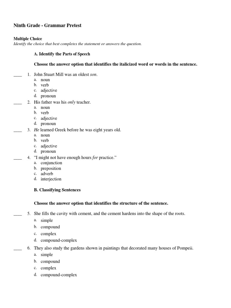 9th Grade Grammar Pretest | PDF | Adjective | Verb
