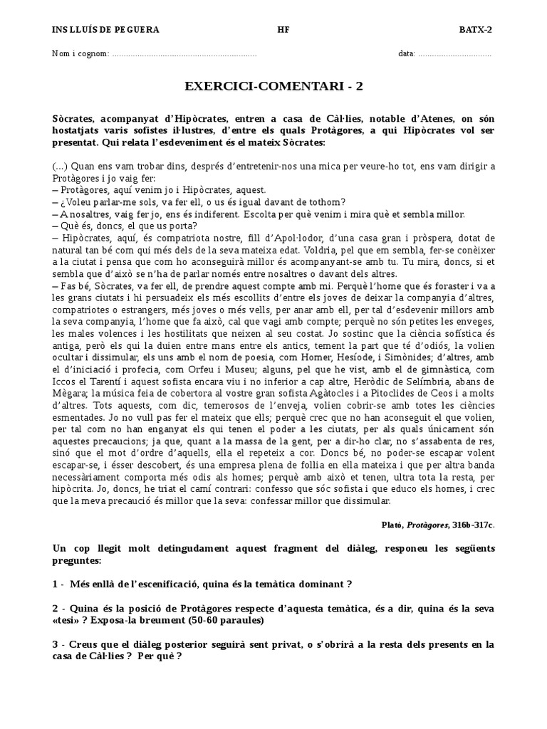 Exercici-Comentari 2 - Plató - Protàgores | PDF