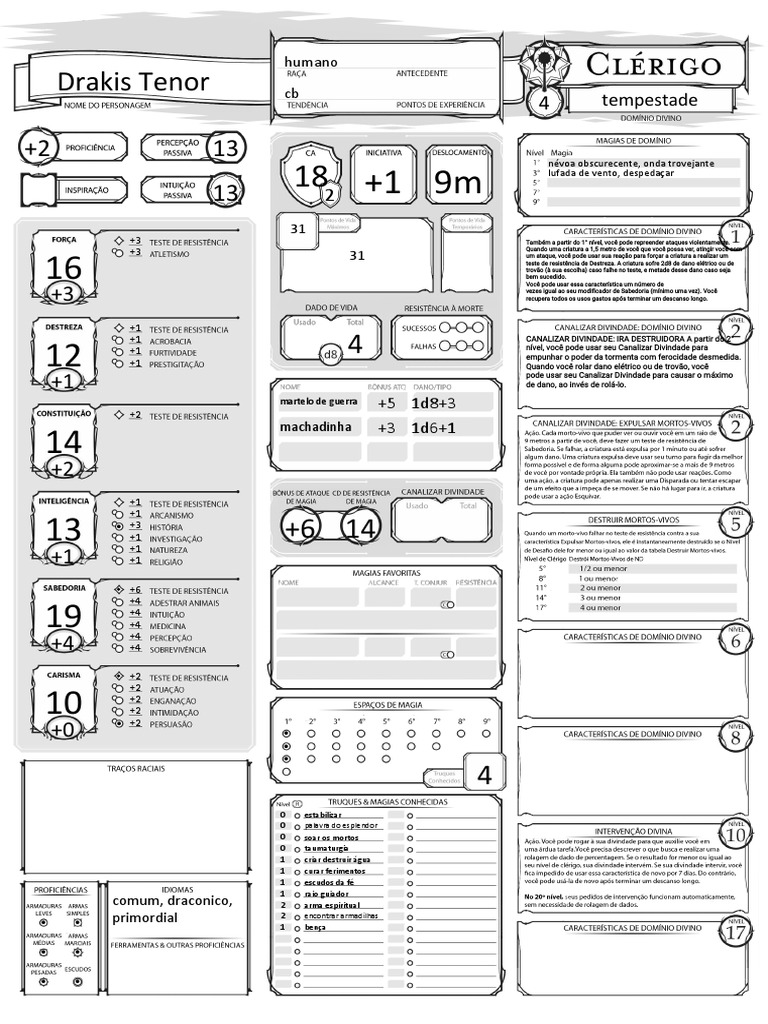 Ficha de Drakis Tenor - Clérigo D&D 5E | PDF | Tempestades | Desastres