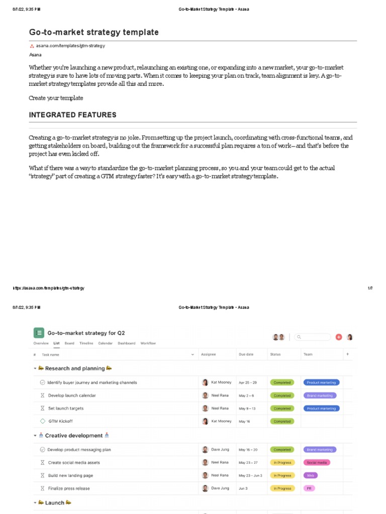 Asana Go-to-Market Strategy Template | PDF | Marketing | Sales