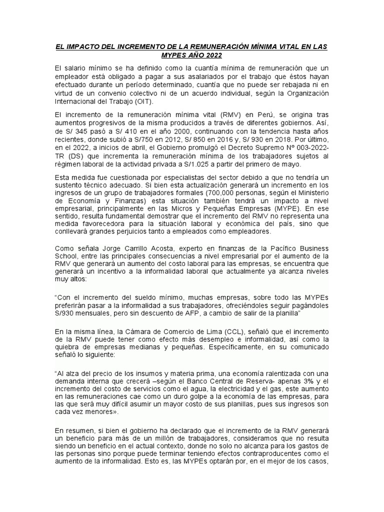 El Impacto Del Incremento de La Remuneración Mínima Vital en Las Mipes ...