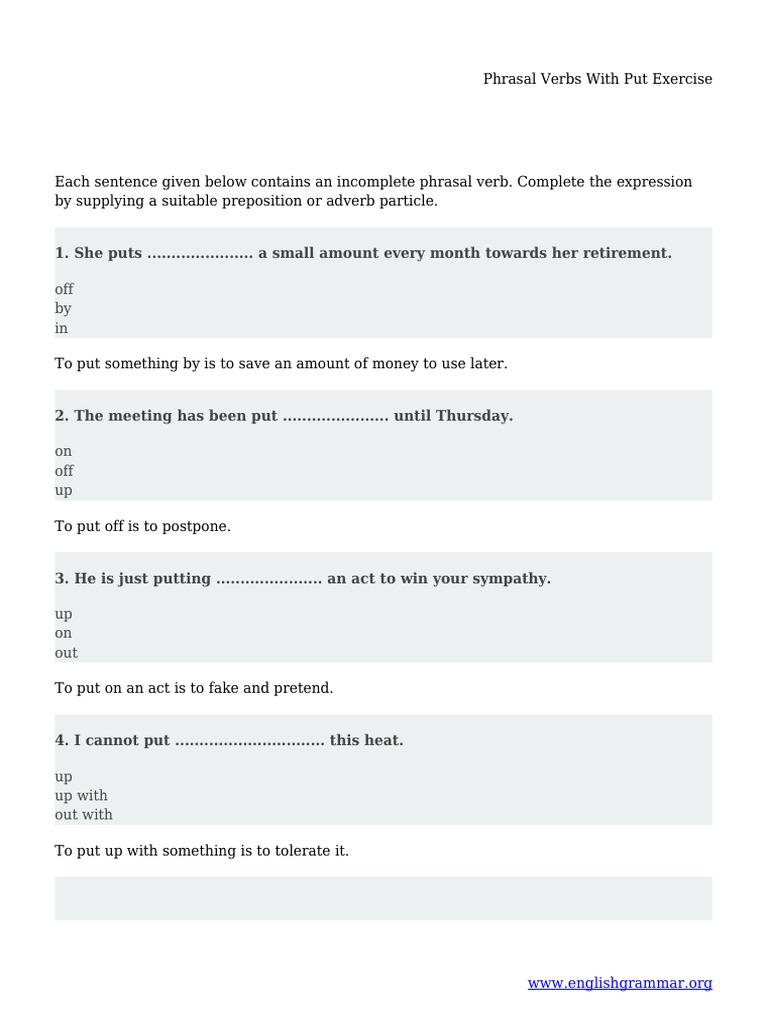 Phrasal Verbs With Put Exercise | PDF | Morphology | Human Communication