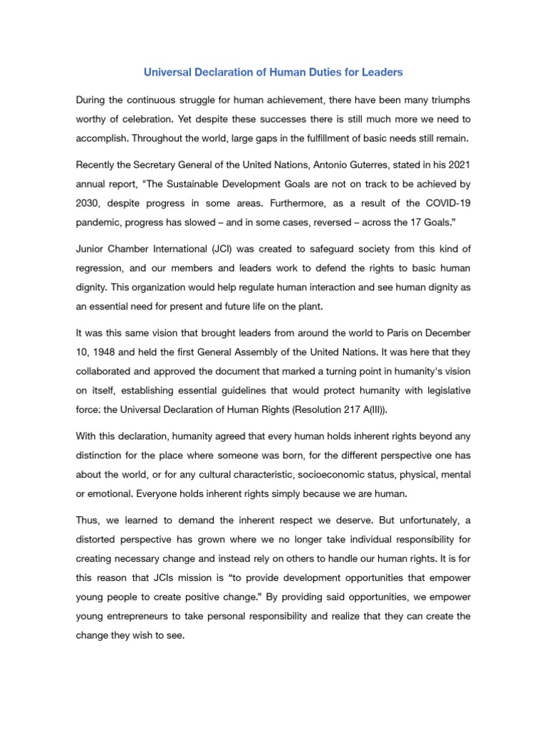 Universal Declaration of Human Duties For Leaders | PDF