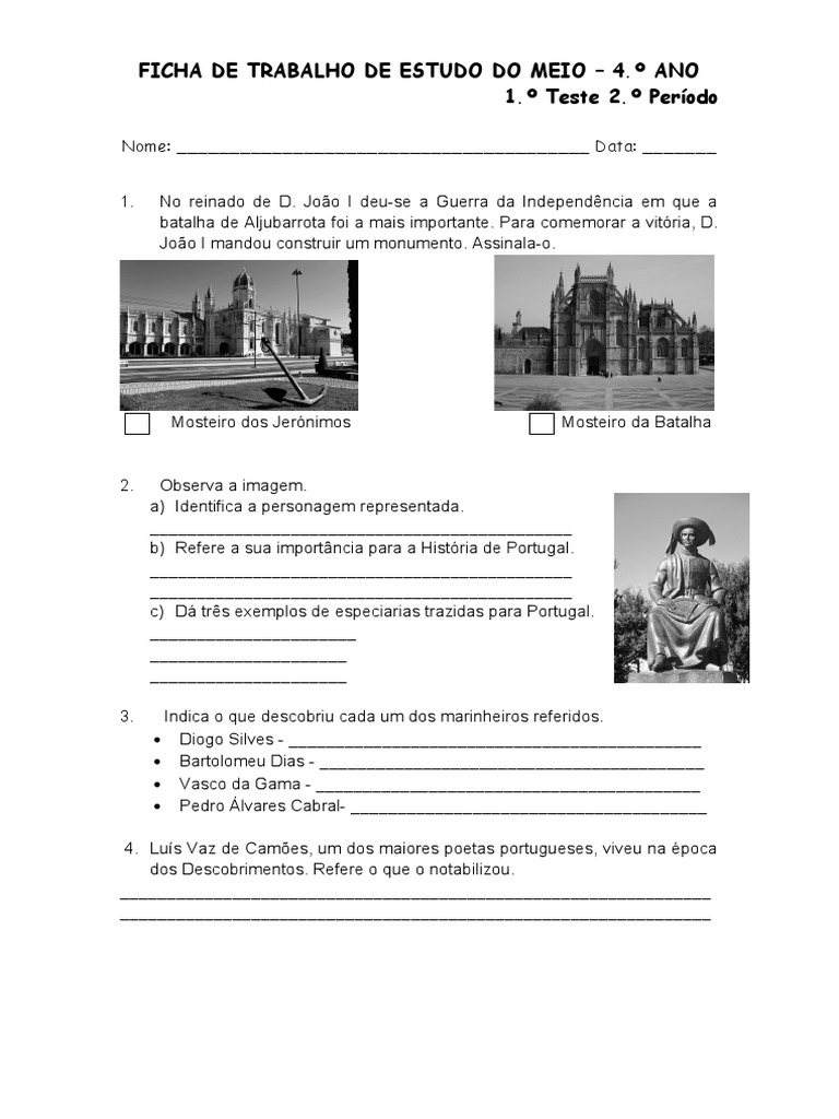 Ficha de Estudo do Meio - 4.º Ano | PDF | Portugal