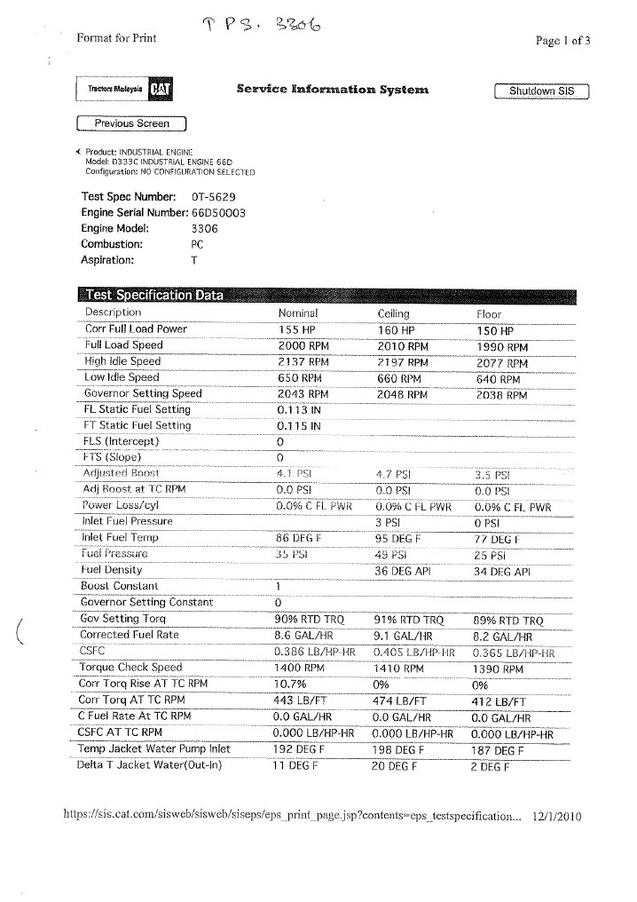 D3306 Engine Spec | PDF