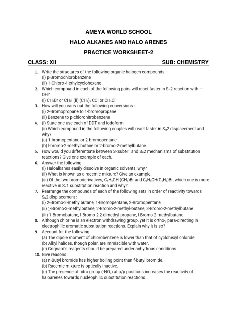 Class 12 Halo Alkanes and Halo Arenes Ws-2 | PDF | Chlorine | Chemical ...