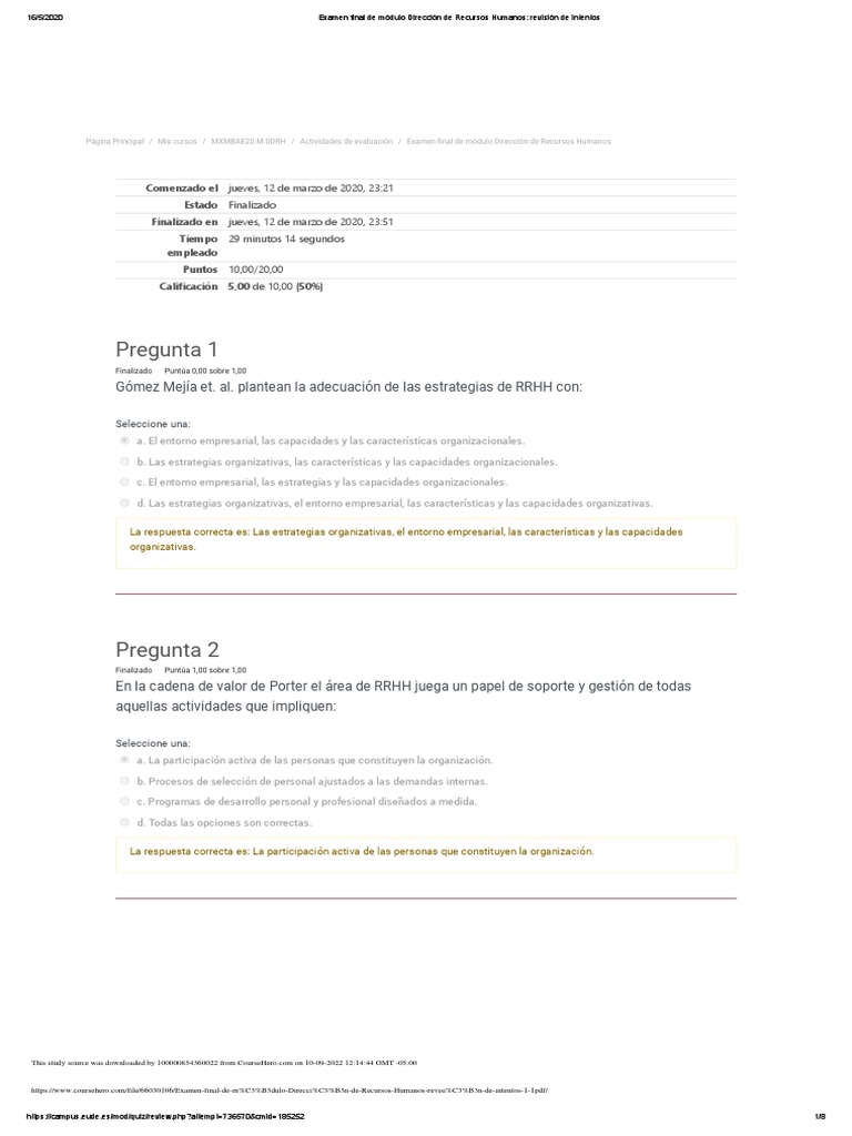 Examen Final de M Dulo Direcci N de Recursos Humanos Revisi N de Intentos 1 1 PDF | Descargar ...