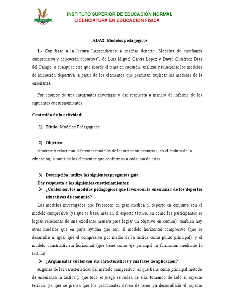 ADA 2. Modelos Pedagógicos para Deportes de Conjunto | PDF | Método de ...