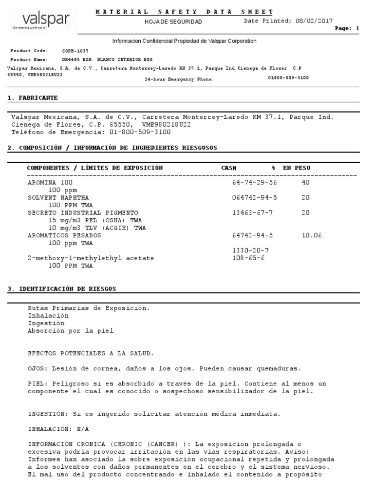 COPB-1037 DE4485 MSDS Español | PDF | Administración de Seguridad y ...