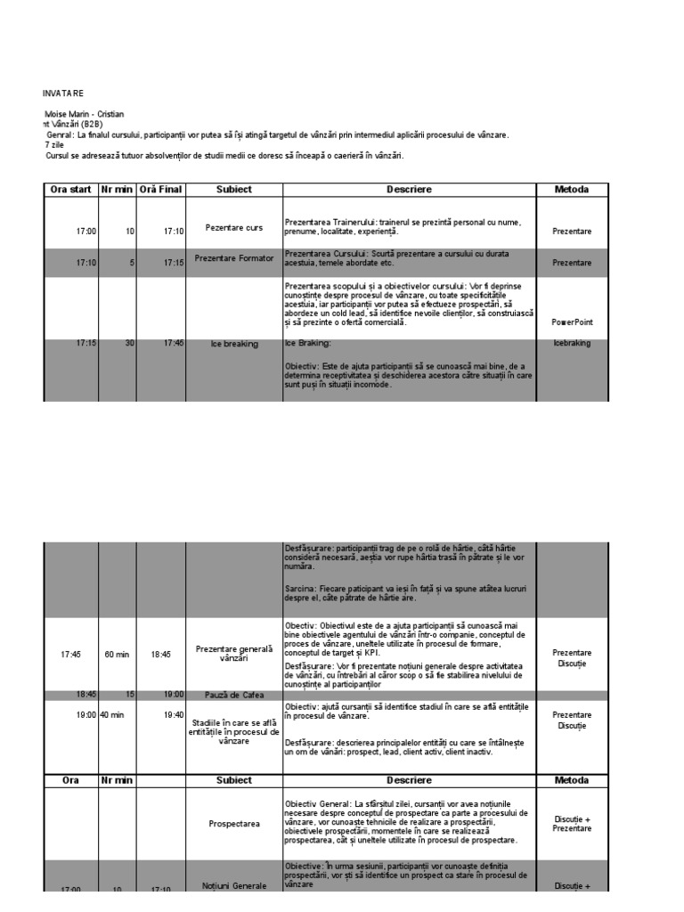 Plan Invatare - Agent Vanzari - Cristian Moise | PDF