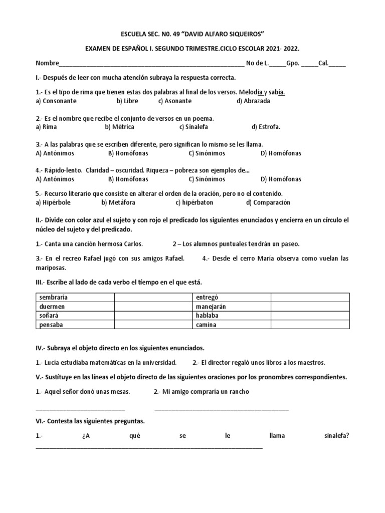 Examen Español I - 2º Trimestre | PDF | Rima | Metro (poesía)