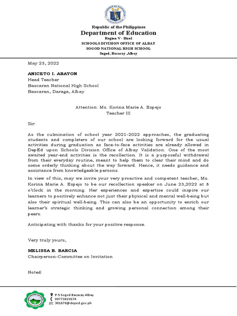 Letter of Invitation For Recollection Speaker | PDF | Behavioural ...